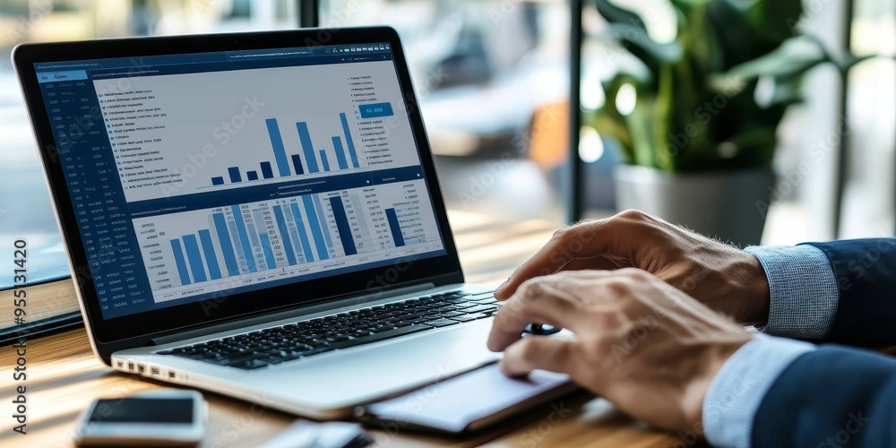 Corporate accountant reviewing financial statements on a laptop ...