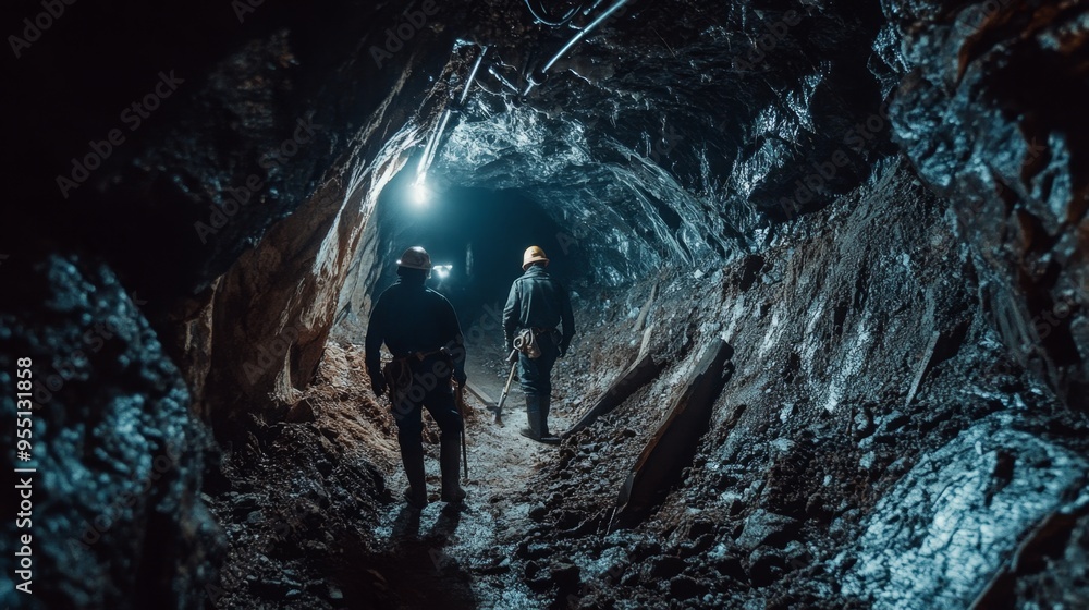 Miners in a narrow underground tunnel chiseling at rock walls with ...