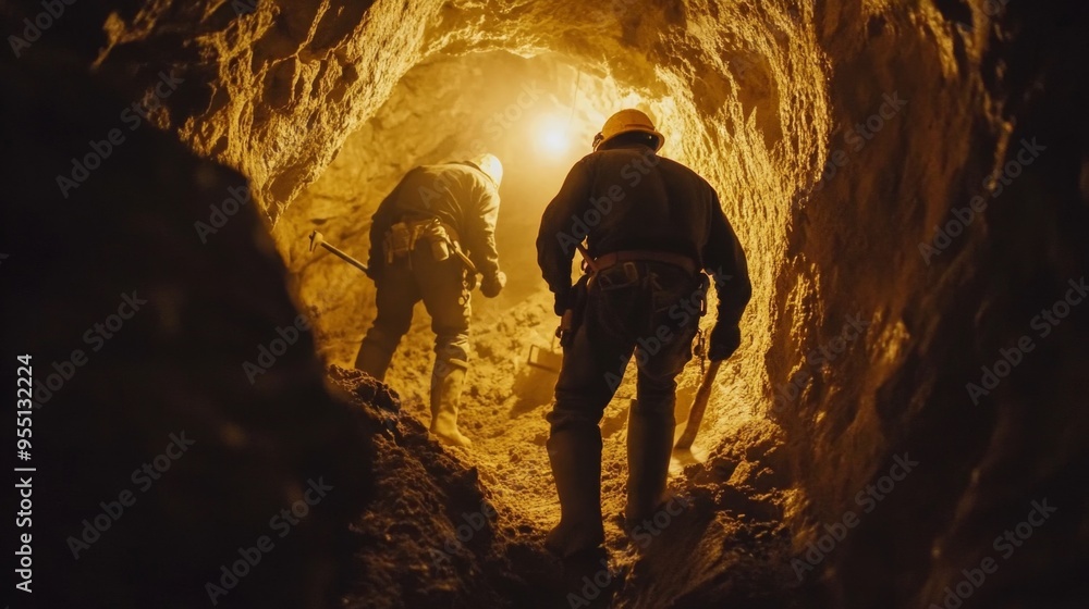Miners in a narrow underground tunnel chiseling at rock walls with ...