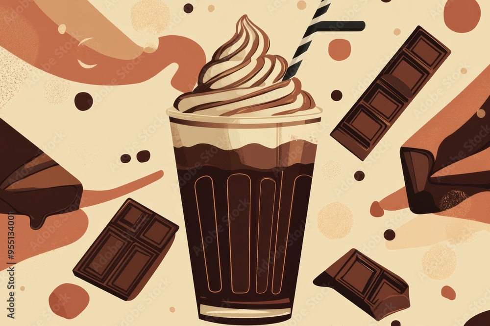Flat illustration of a stylized chocolate milkshake, with a vintage ...