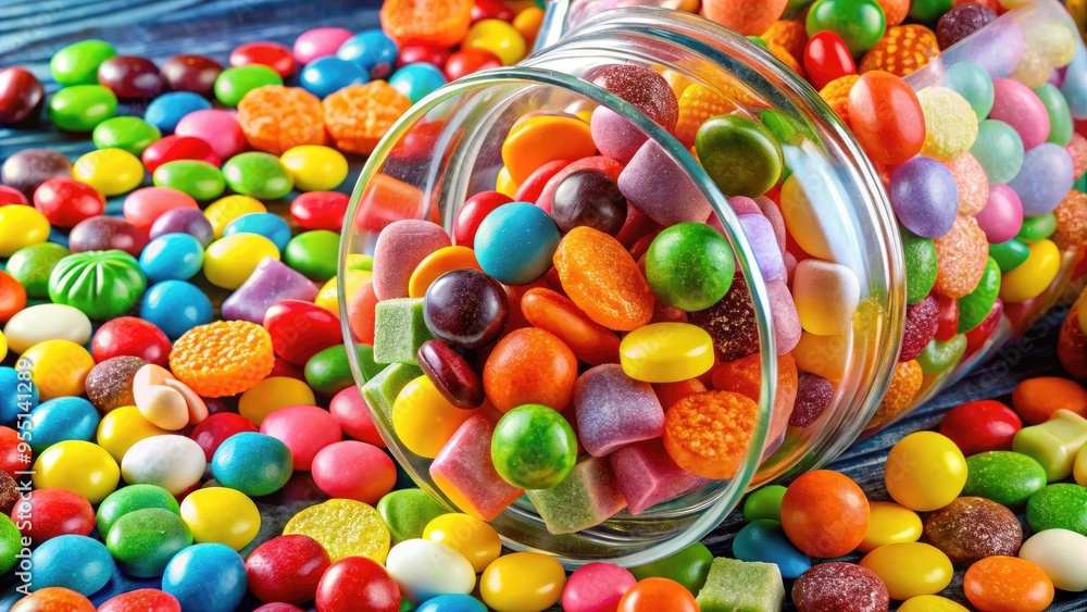 Vibrant, colorful candies spill out of a transparent container ...