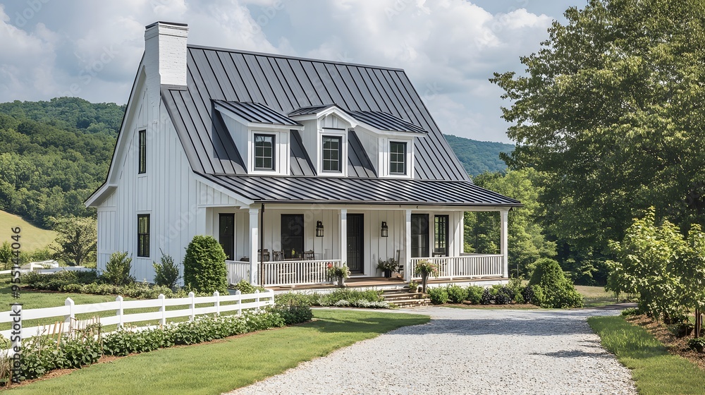 Modern farmhouse exterior with a steeply pitched metal roof, board-and ...