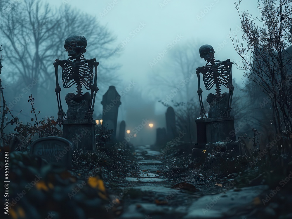 Haunted garden decor with skeletons, tombstones, and fog, set in a dark ...