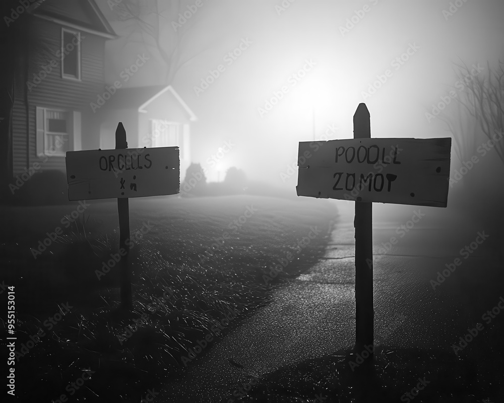 Scary yard signs with spooky messages, placed in a foggy front yard ...