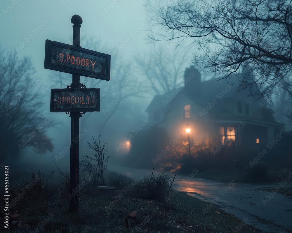Scary yard signs with spooky messages, placed in a foggy front yard ...