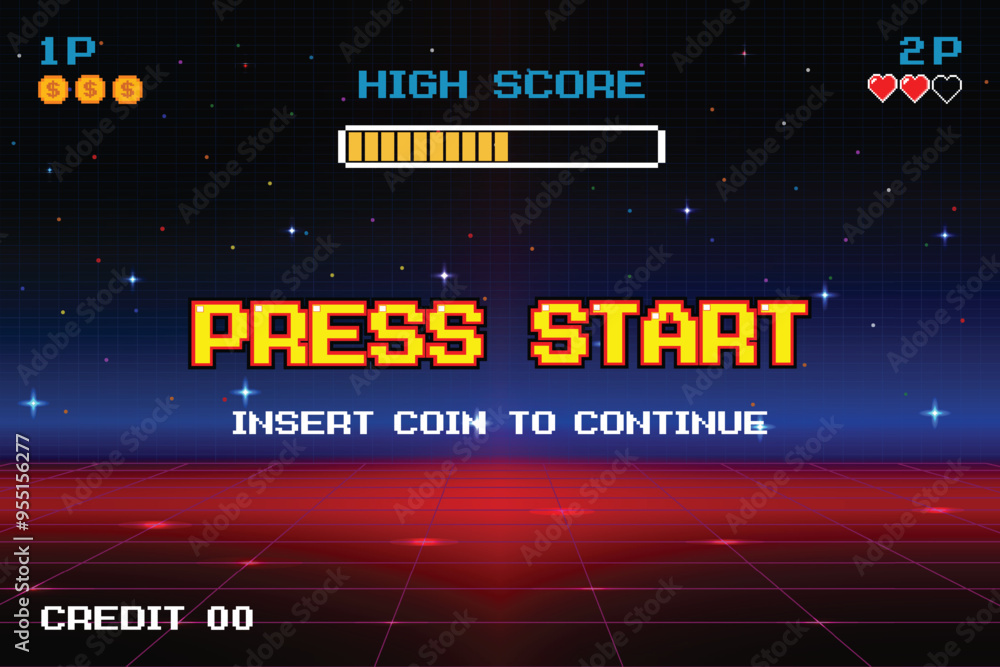 PRESS START INSERT A COIN TO CONTINUE .pixel art .8 bit game. retro ...