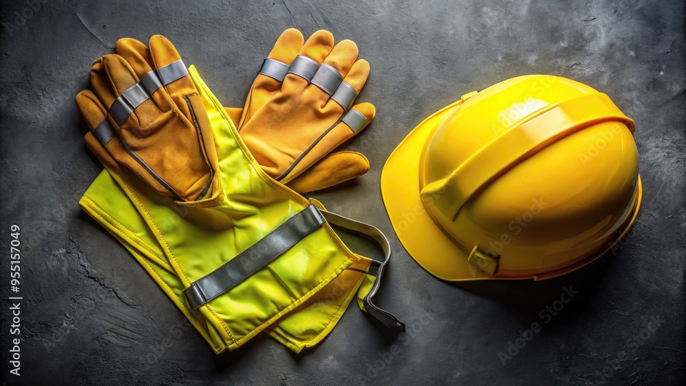 Yellow hard hat, reflective vest, and heavy-duty gloves laid out on a ...