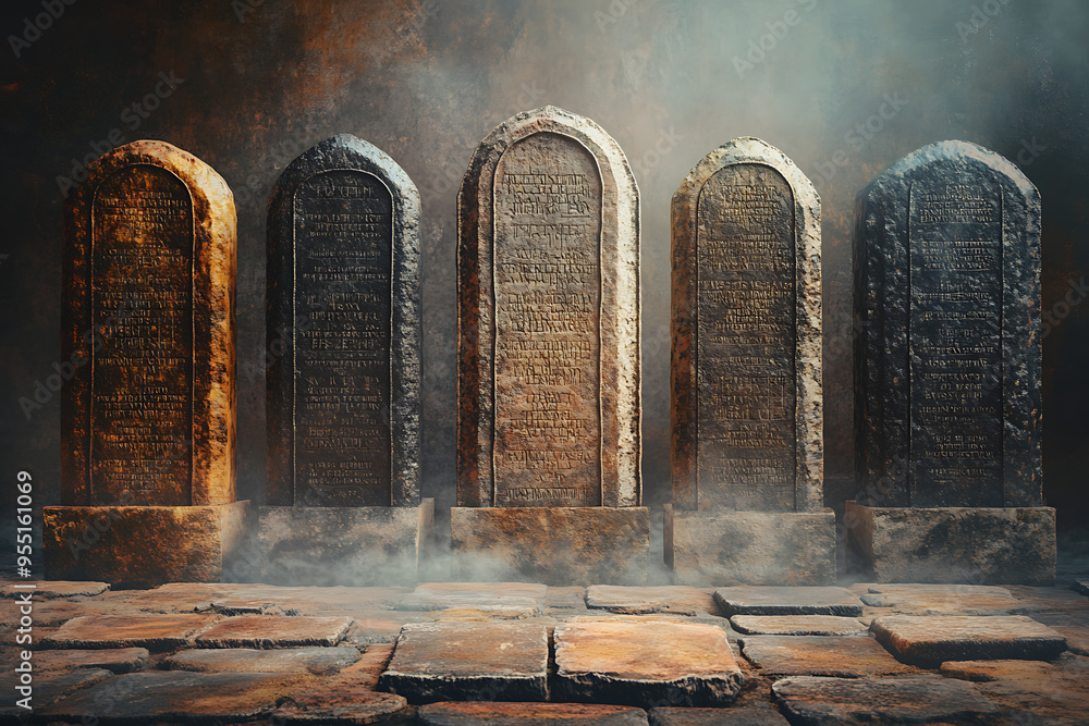 Ancient stone tablets with inscribed commandments, representing a ...