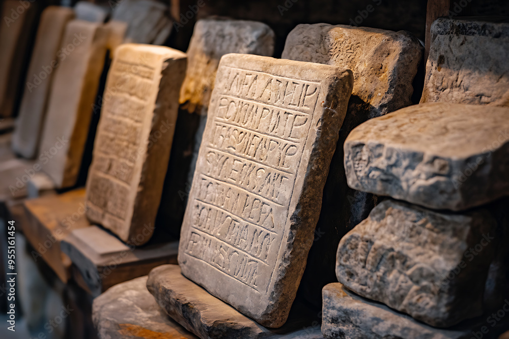 Ancient stone tablets with inscribed commandments, representing a ...