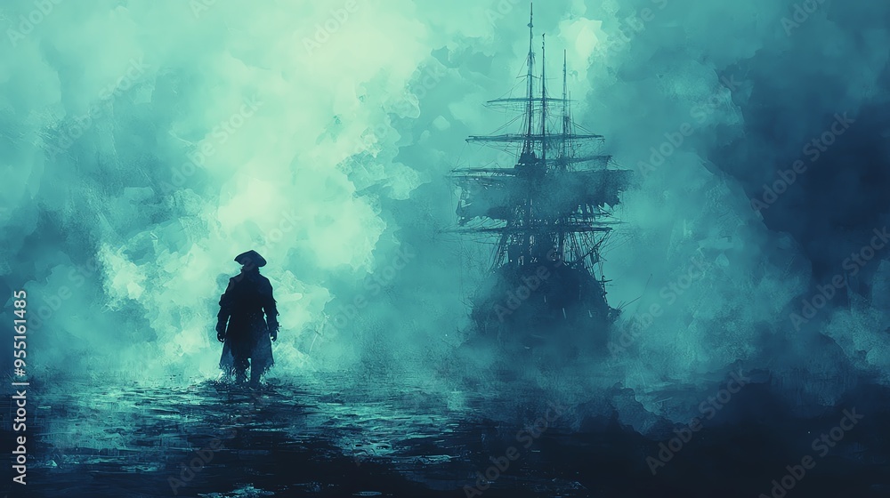 Ghost pirate, rising from the depths, cursed ocean, eerie glow ...