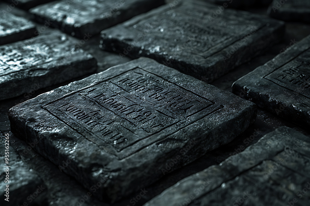 Ancient stone tablets with inscribed commandments, representing a ...