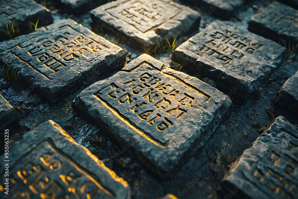 Ancient stone tablets with inscribed commandments, representing a ...