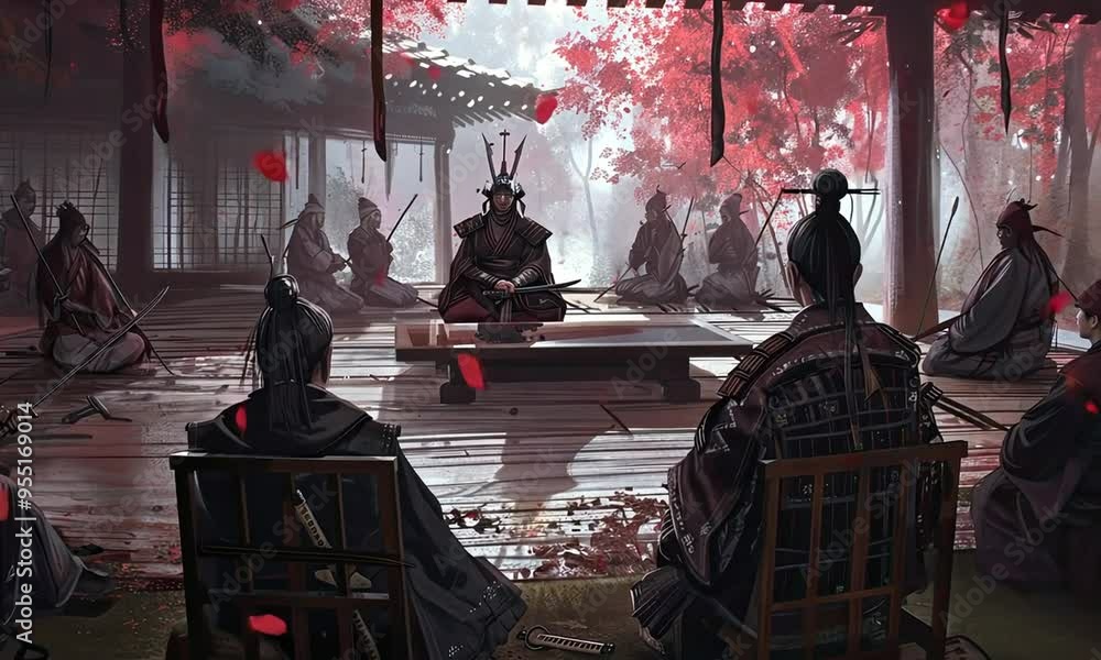 Samurai council gathered for a meeting in a traditional Japanese hall ...