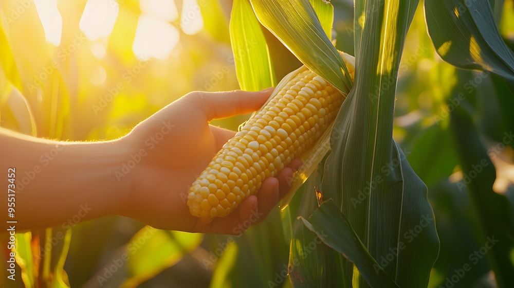 Detailed shot of a hand plucking a fresh corn cob, with the sun shining ...