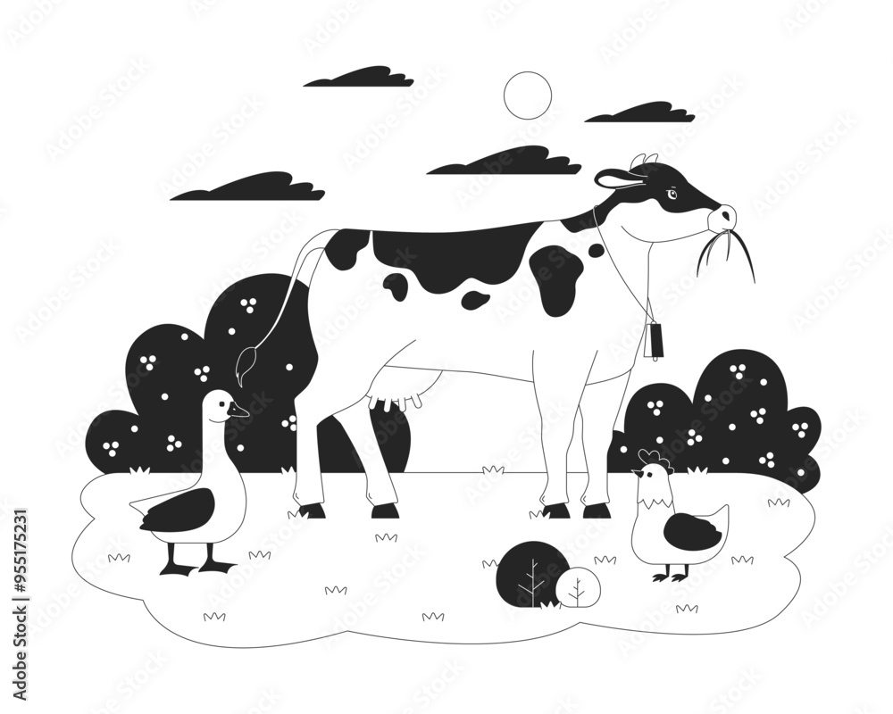 Cow, goose and chicken on farmyard cartoon black and white line ...