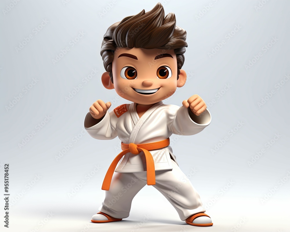 Cartoon Boy in a White Karate Uniform with an Orange Belt Stock ...