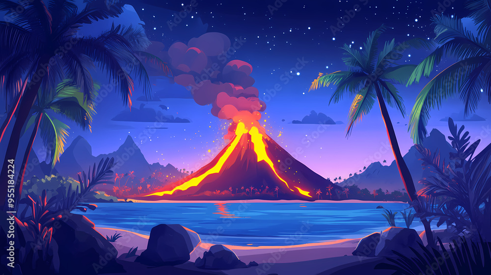 Modern cartoon of a night volcano in the ocean. magma eruption glow in ...