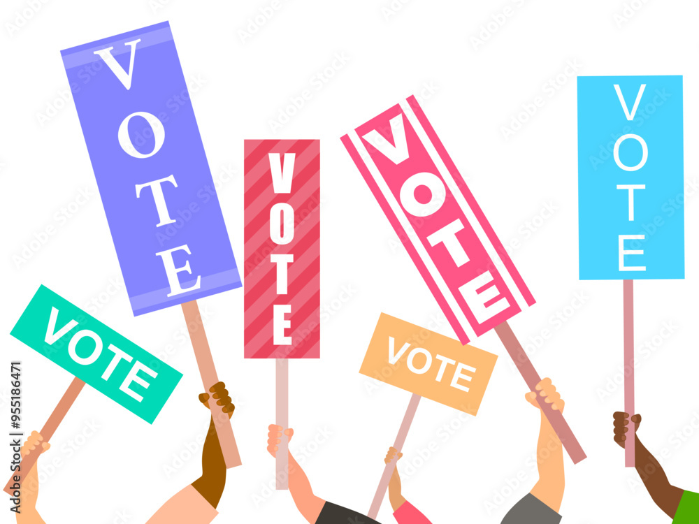 Hands holding placards with the word "vote". Election support group ...