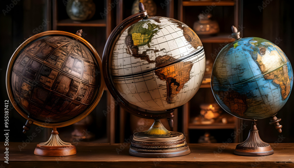 a collection of vintage globe models in various stages of wear ...
