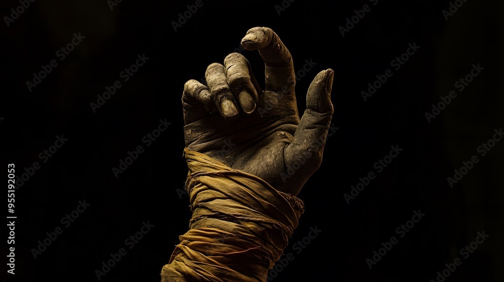 A single mummified hand, wrapped in yellowed, ancient bandages, fingers ...