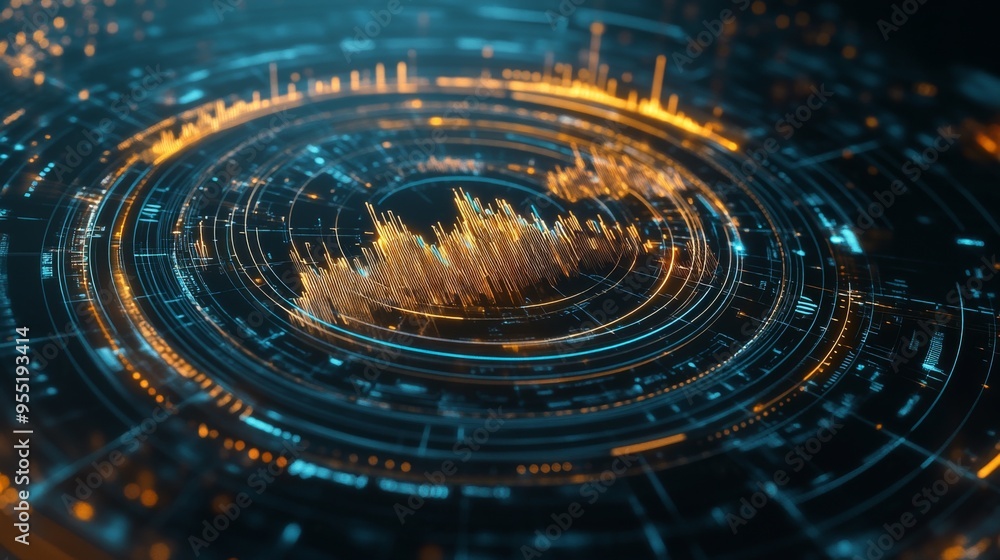 A sleek 3D radar chart with multiple axes and data points, visually ...