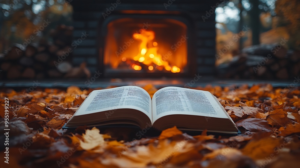A tranquil autumn scene with an open book, its pages turning softly in ...