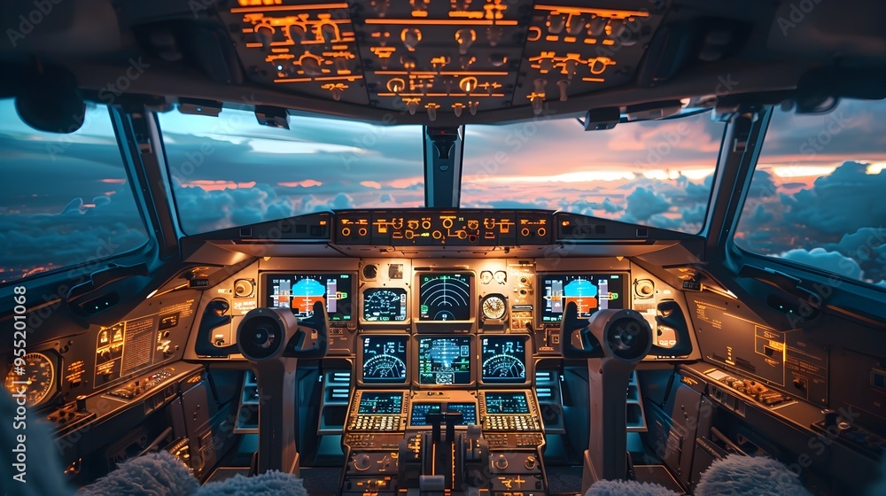 High Tech Airplane Cockpit with Digital Screens and Advanced Controls ...