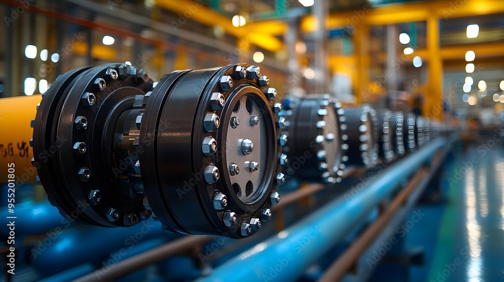 Row of Industrial Valves in Operation: A row of large industrial valves ...