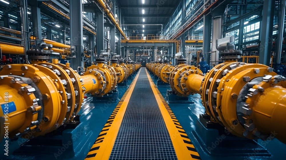 Row of Industrial Valves in Operation: A row of large industrial valves ...