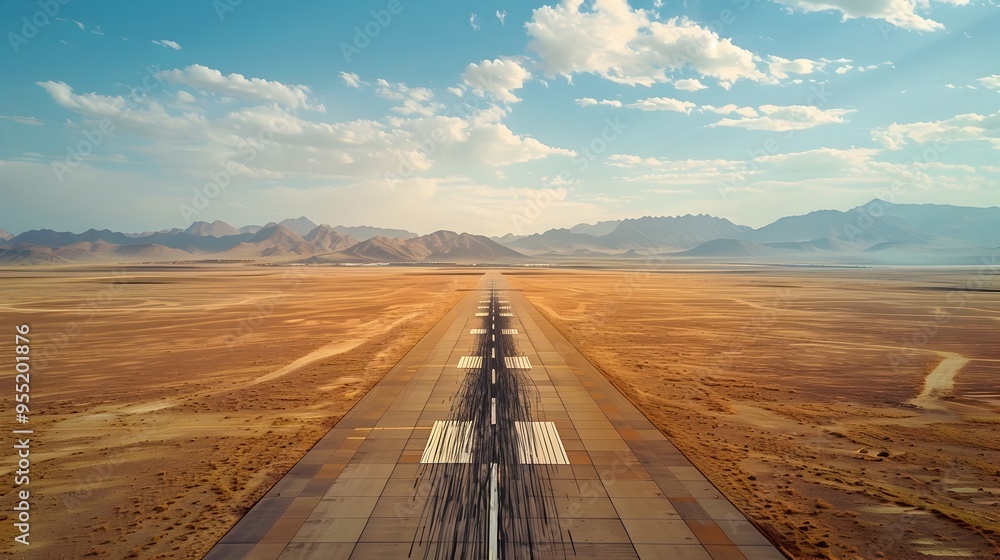 Airplane landing on remote desert runway with vast sandy landscape ...