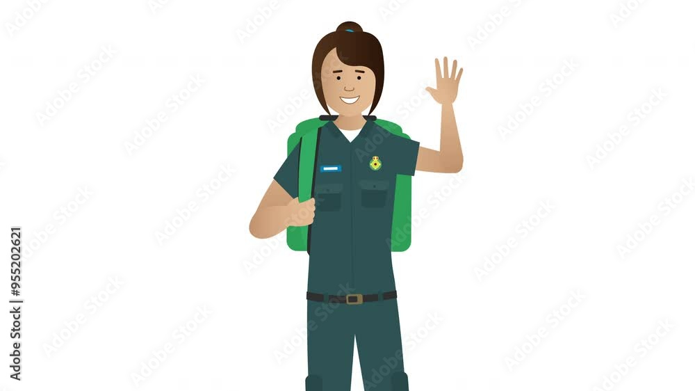 2D Illustrated female paramedic first responder vector character waving ...