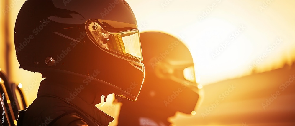 Race car drivers in full gear facing the track, powerful lighting ...