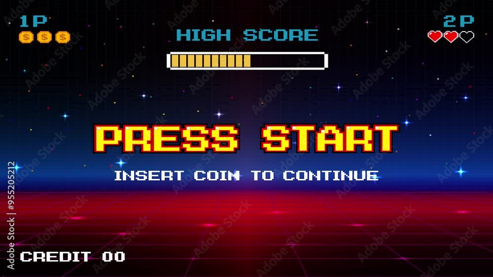 PRESS START INSERT A COIN TO CONTINUE .pixel art .8 bit game. retro ...
