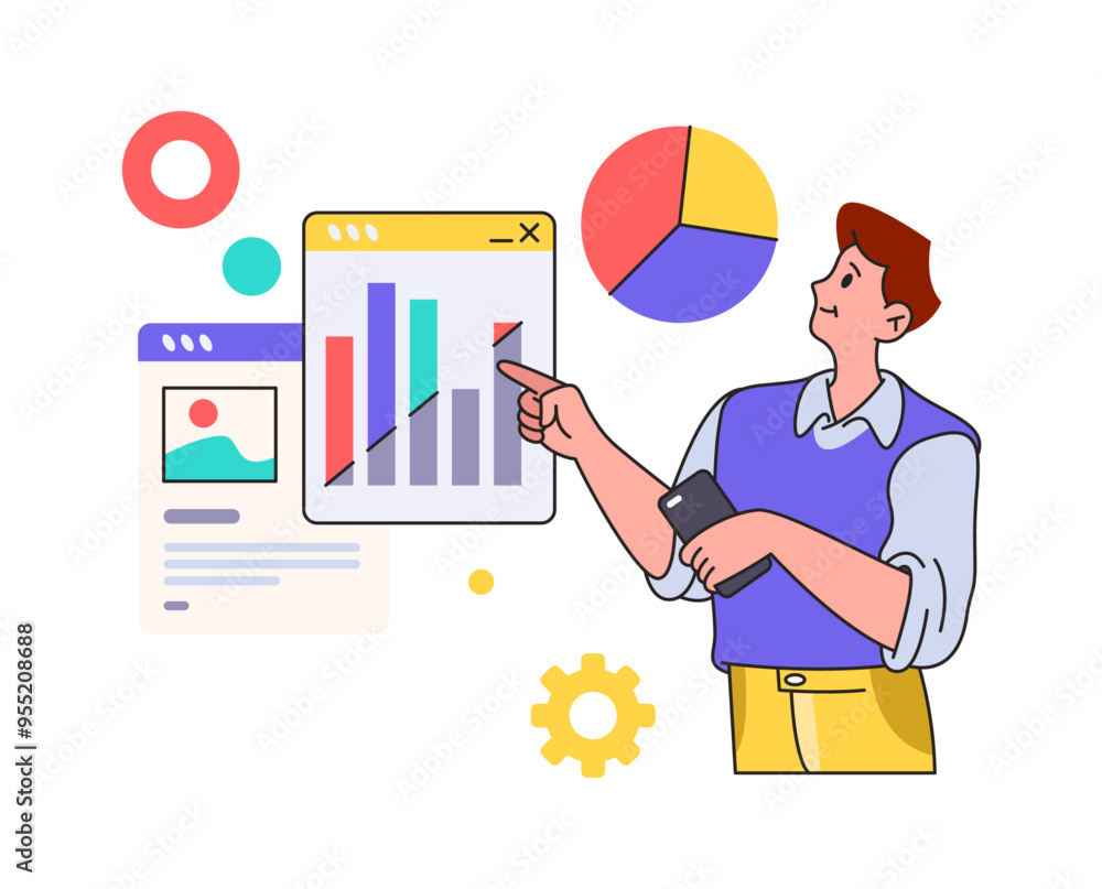 Man working with data, business analysis process, vector illustration ...