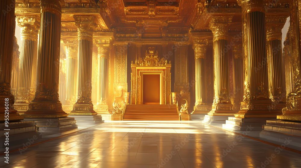An empty majestic golden throne room with rich royal decor - a king's ...