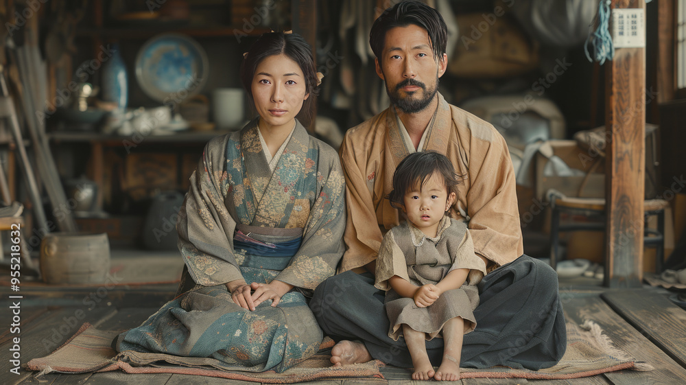 1900 photo of a poor sad japanese family sitting on the floor of a ...