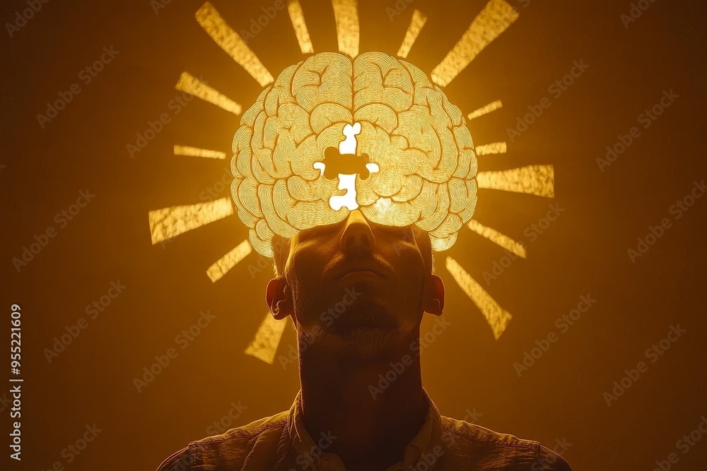 Social synchrony brain cell Man with a glowing brain under a radiant ...