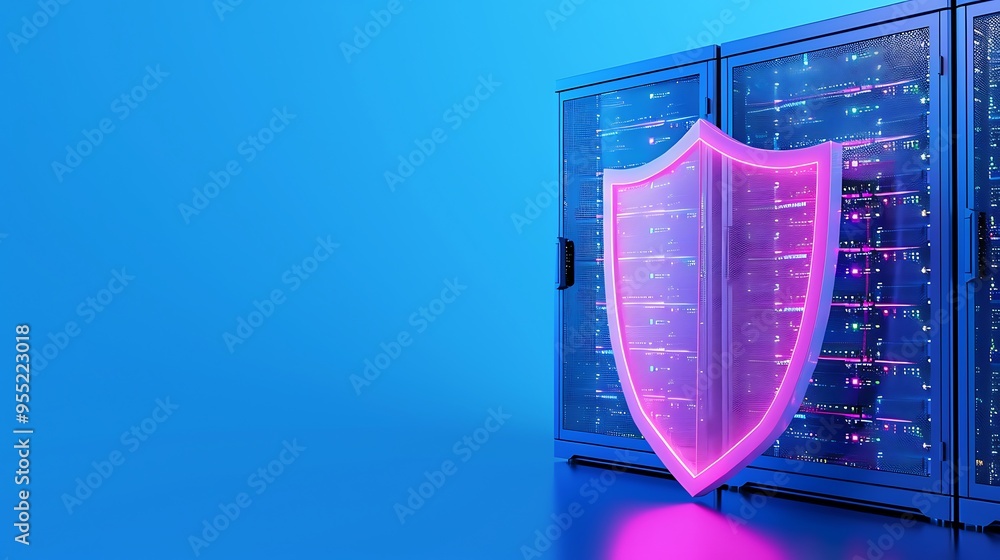 Server room with a neon shield representing cybersecurity and data ...