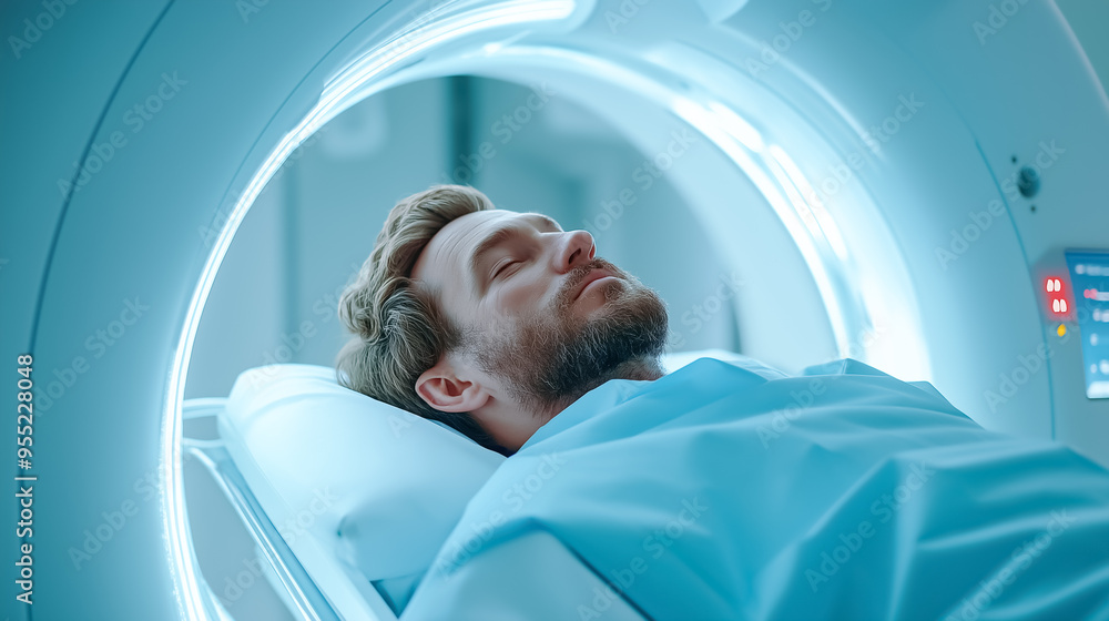 Patient lies calmly with closed eyes inside a CT/MRI scanner, bathed in ...