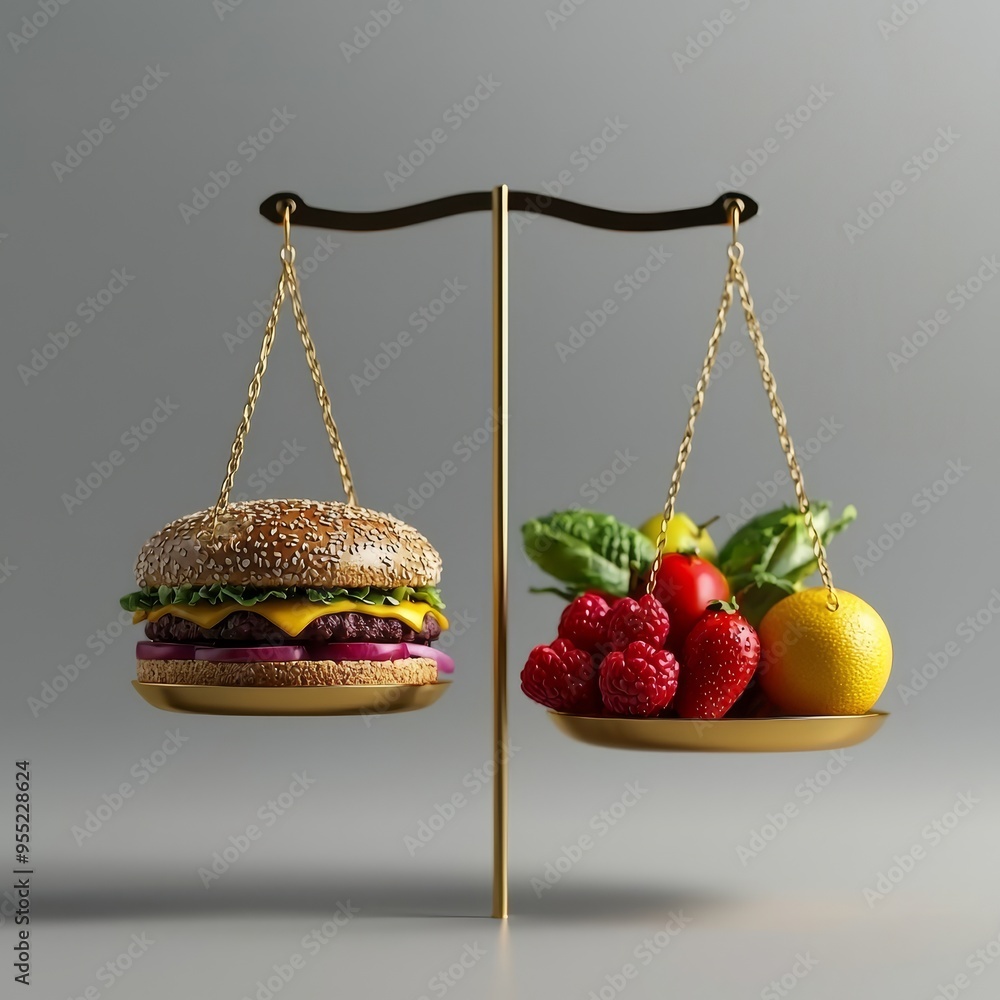 Fresh fruits and a burger on a balanced scale, healthy vs unhealthy ...