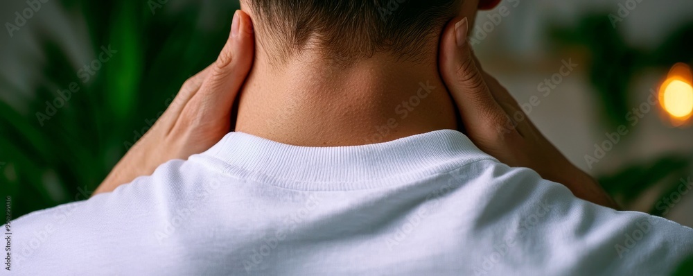 Person applying a warm compress to the back of their neck, subtle warm ...