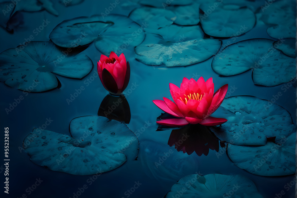 red lotus water lily blooming on water surface and dark blue leaves ...
