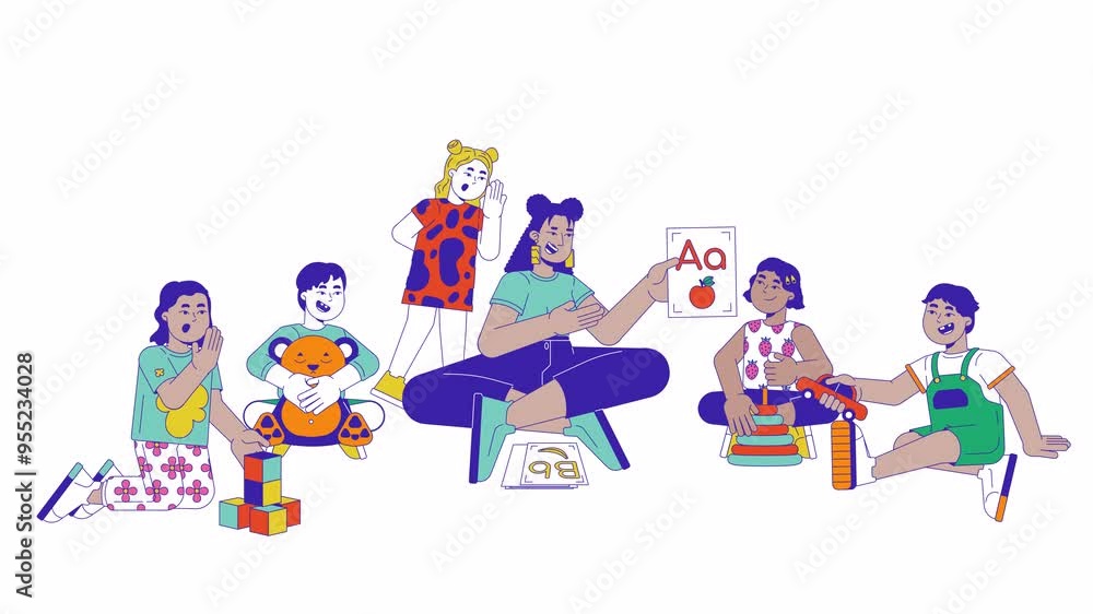 Positive teacher with children preschoolers 2D characters animation ...