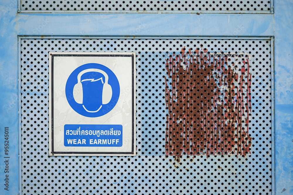 "Wear earmuff", loud noise protective equipment safety sign (In Thai ...