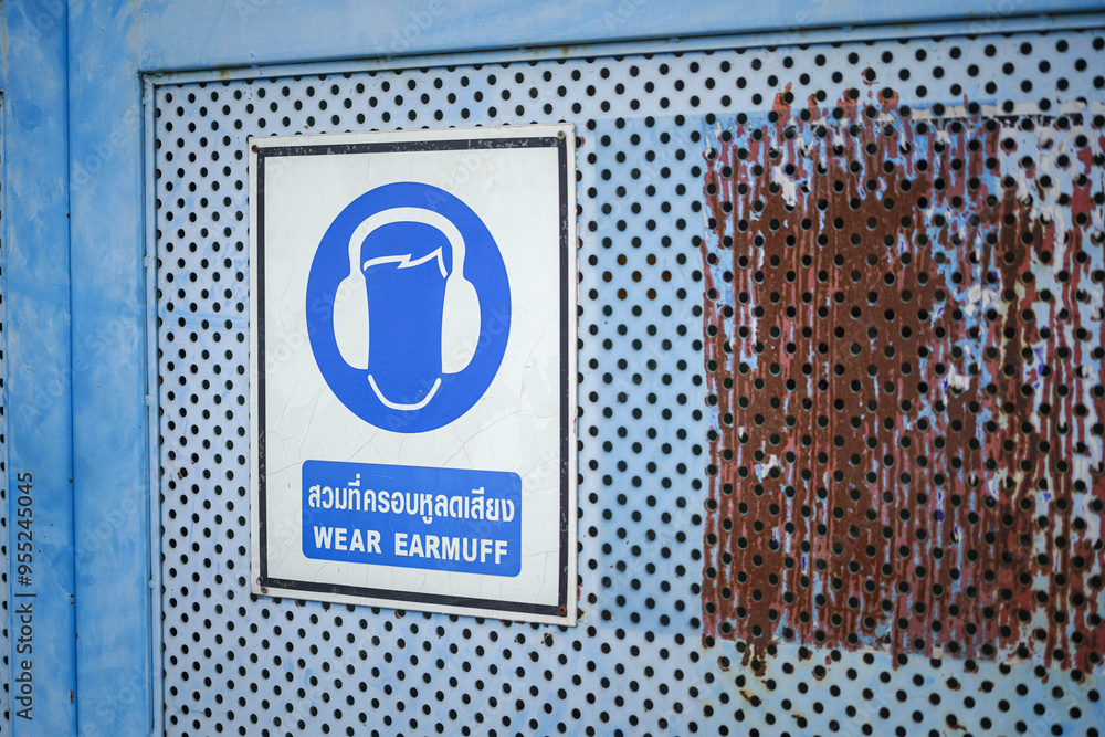 "Wear earmuff", loud noise protective equipment safety sign (In Thai ...