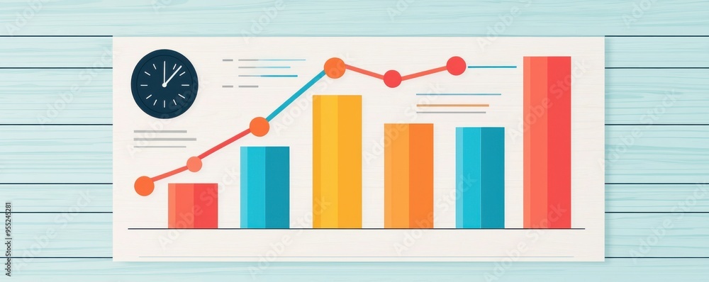 Colorful bar graph illustrating data trends over time with clock for ...