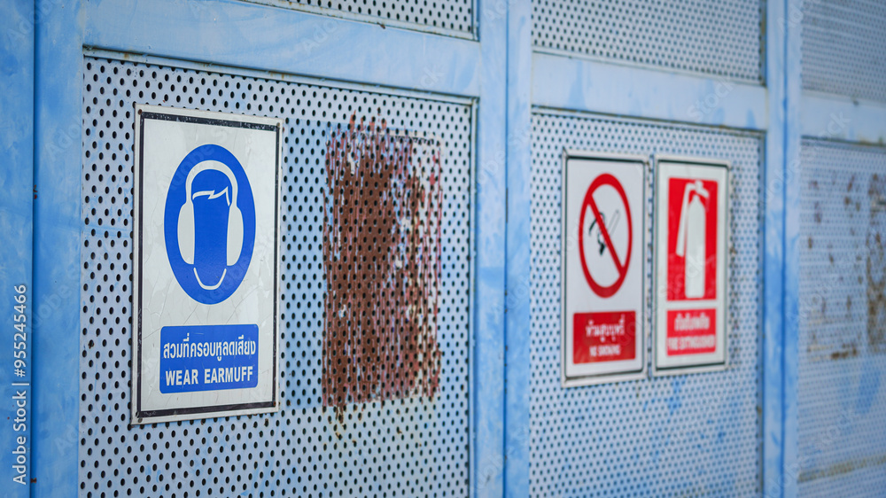 "Wear earmuff", loud noise protective equipment safety sign (In Thai ...