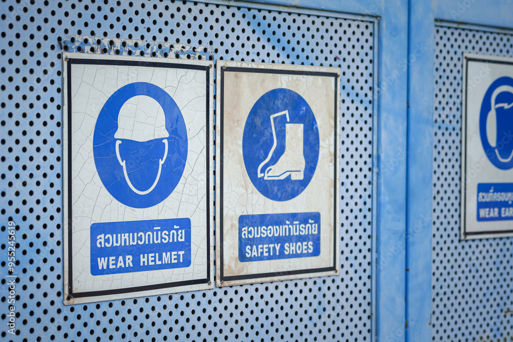 "Wear helmet and safety shoes" icon signs (in Thai and English) that ...