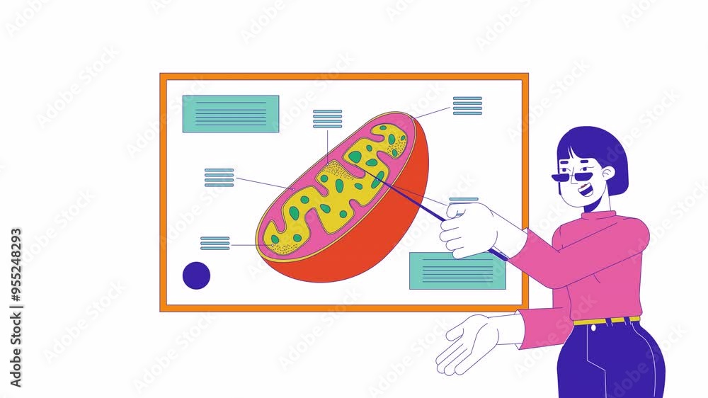 Korean woman biology teacher showing cell 2D character animation ...