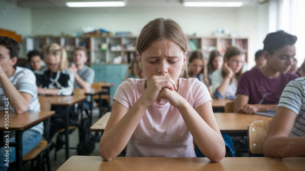 A scared student girl in a classroom with other students in class. Social anxiety disorder ...